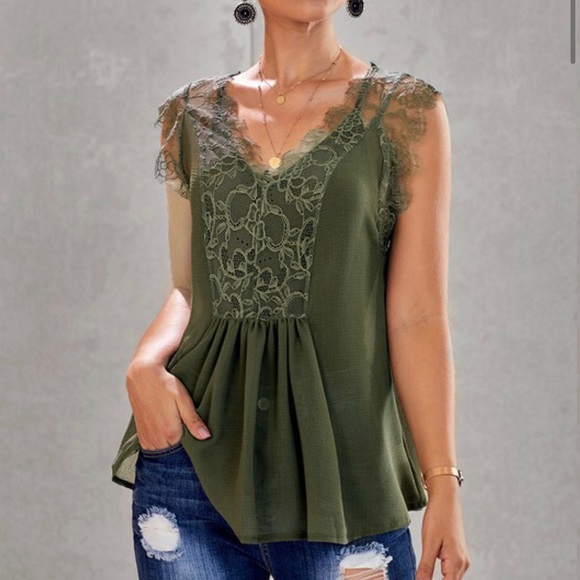 Tops | Dark Green Lacey Tank | Poshmark